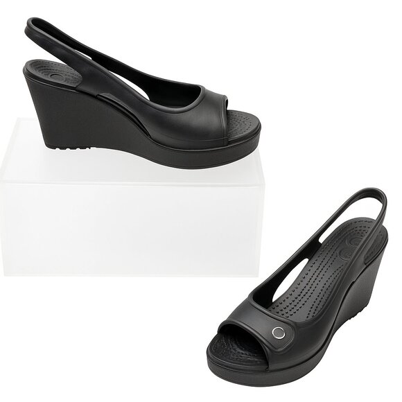 CROCS | Shoes | Crocs Black Slingback Wedge Sandals Size W8 Comfort ...